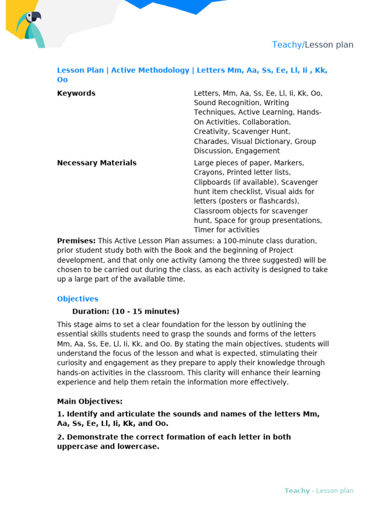 Lesson Plan For Reviewing Letters MM Aa Ss Ee LL Ii KK Oo | PDF ...