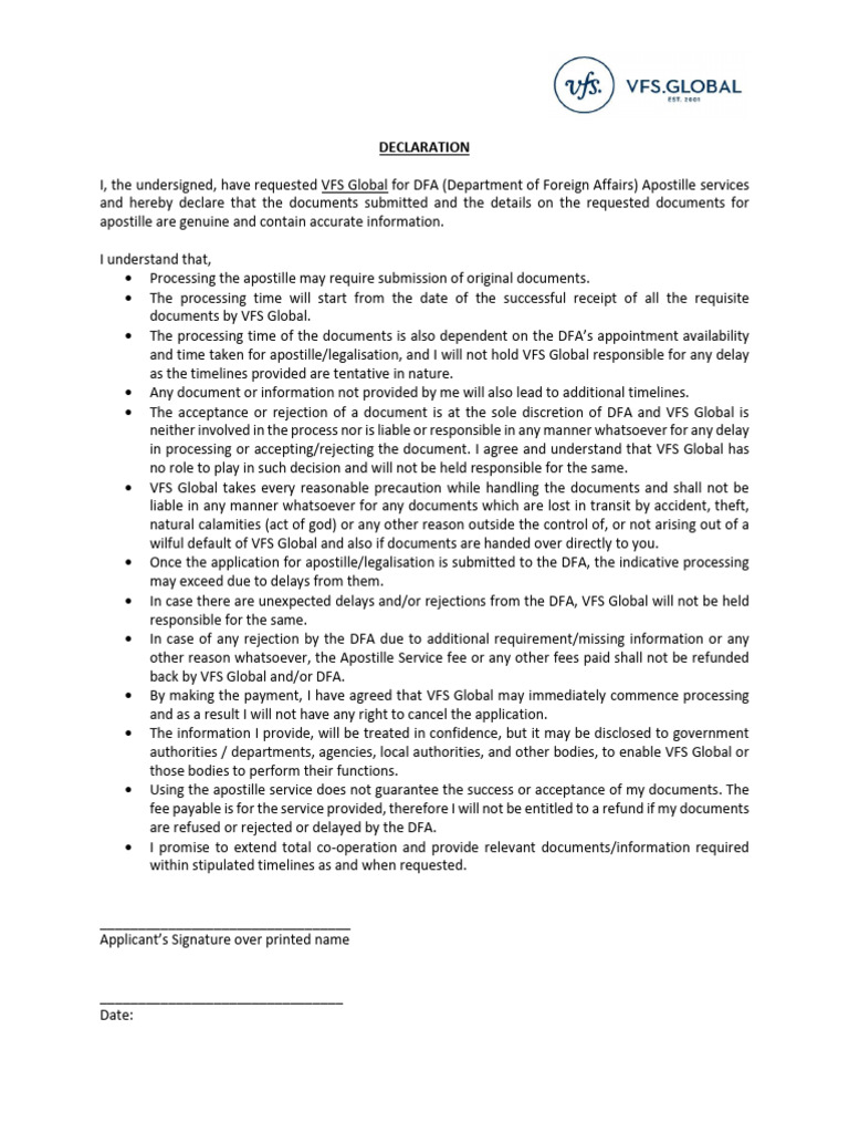 VFS Global DFA Apostille Declaration | PDF | Justice | Crime & Violence