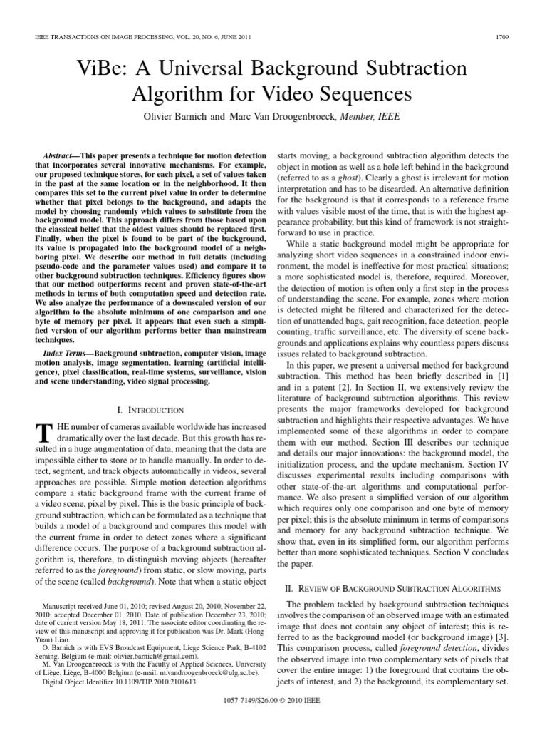 2011 ViBe A Universal Background Subtraction Algorithm For Video Sequences | PDF