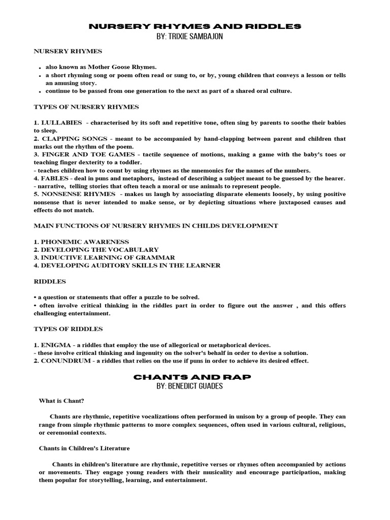 Children's Rhymes & Riddles Guide | PDF | Riddle | Rapping