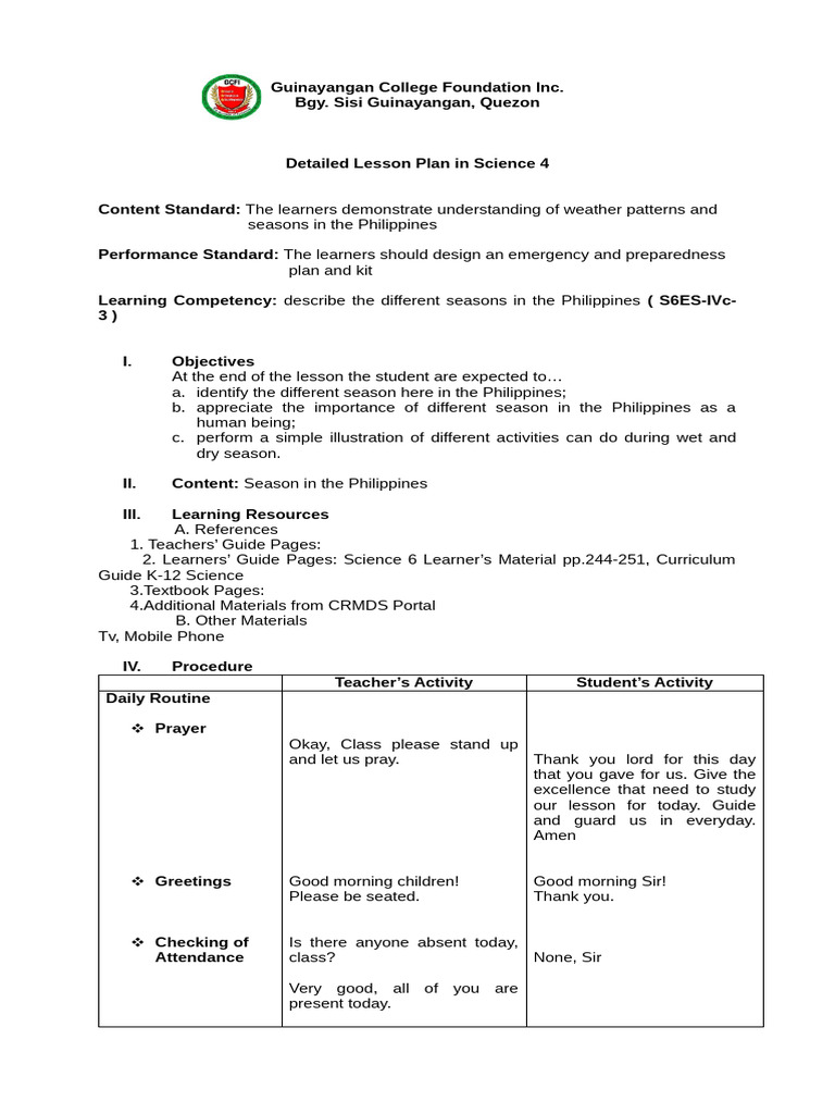 Lesson Plan in Environmental Management | PDF | Wet Season | Rain
