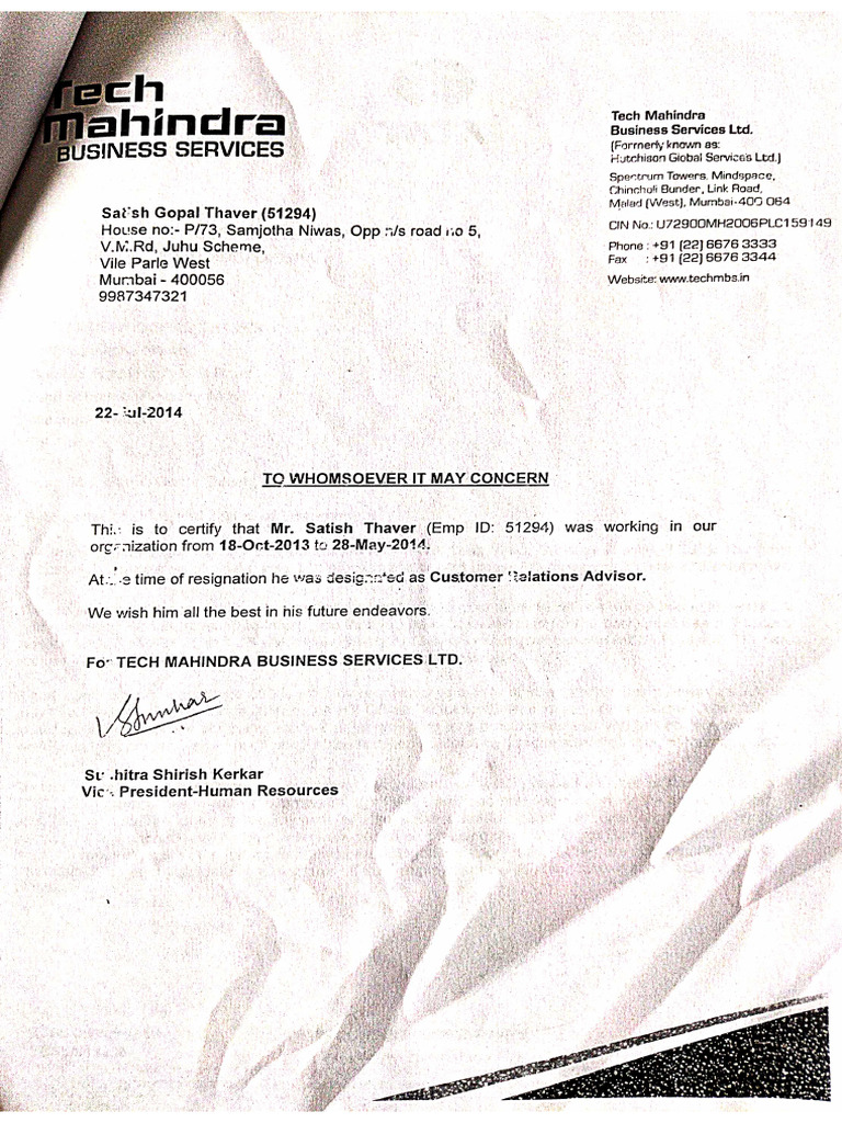 Relieving Letter Tech Mahindra | PDF