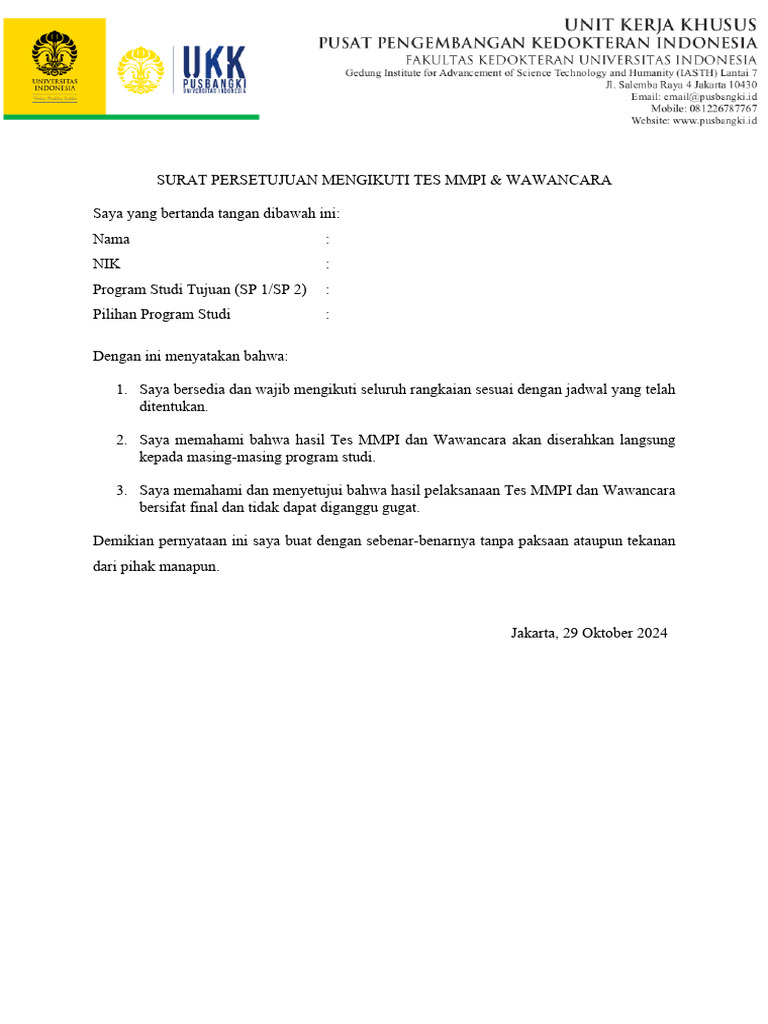 Surat Persetujuan Mengikuti Tes MMPI & Wawancara | PDF