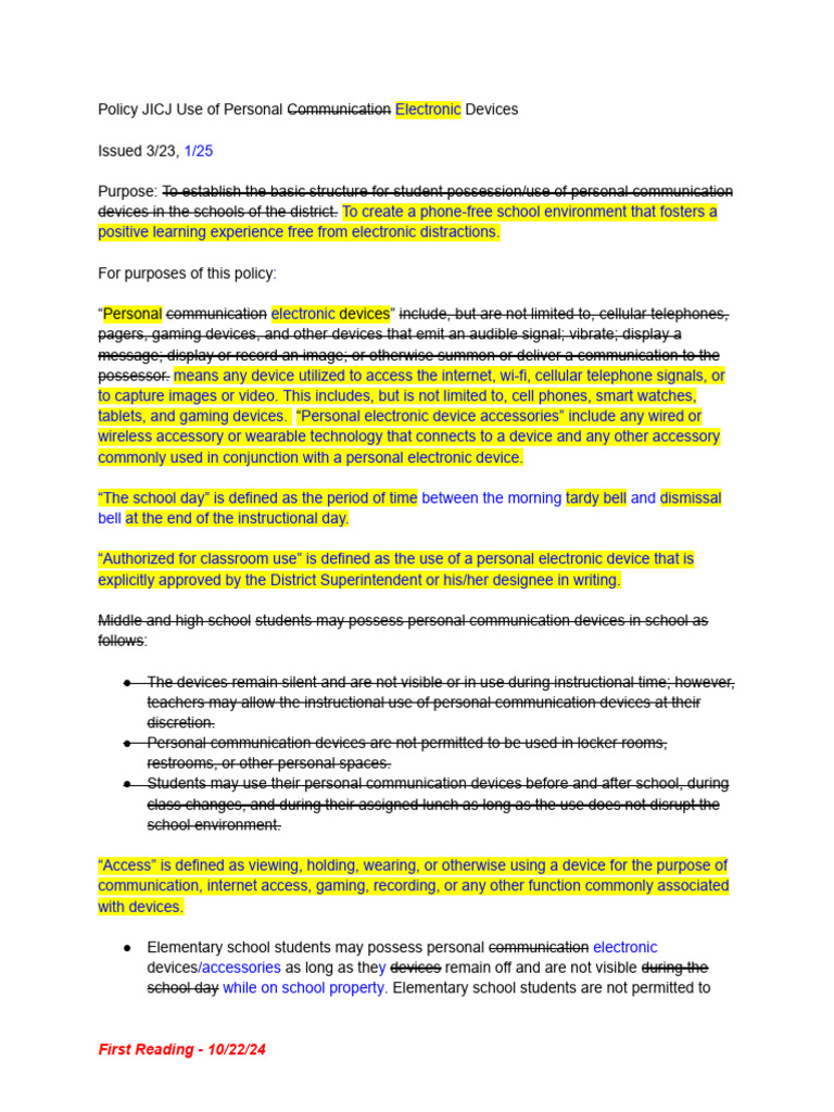 First Reading Policy JICJ Use of Personal Communication Devices | PDF ...