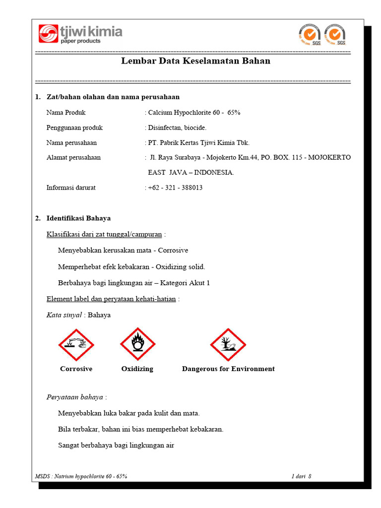 MSDS Kaporit Tjiwi Kimia 60-65% | PDF