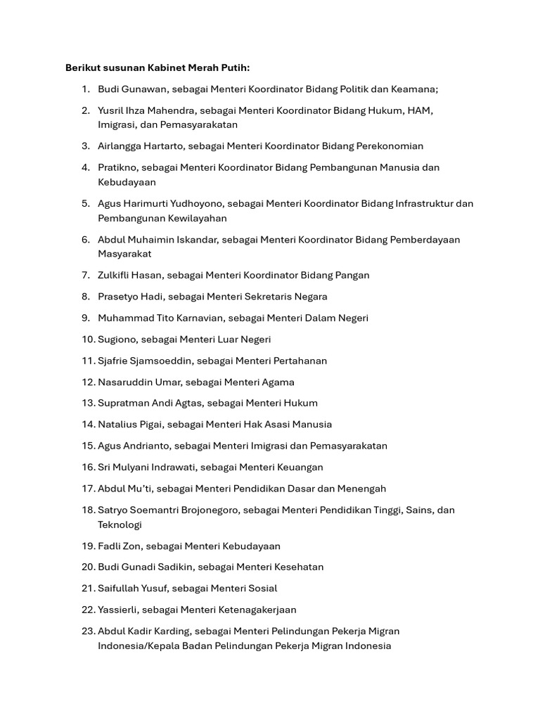Susunan Kabinet Merah Putih | PDF
