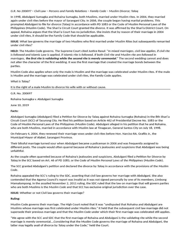 Case Digest - Sumagka | PDF | Marriage | Divorce