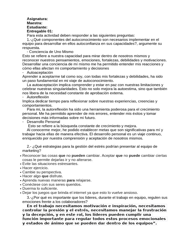 Autoconocimiento Tarea | PDF | Las emociones | Inteligencia emocional