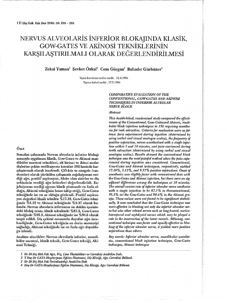 Nervus Alveolaris Inferior Blokajinda Klas K, Gow-Gates Ve Ak Nos Tekn ...