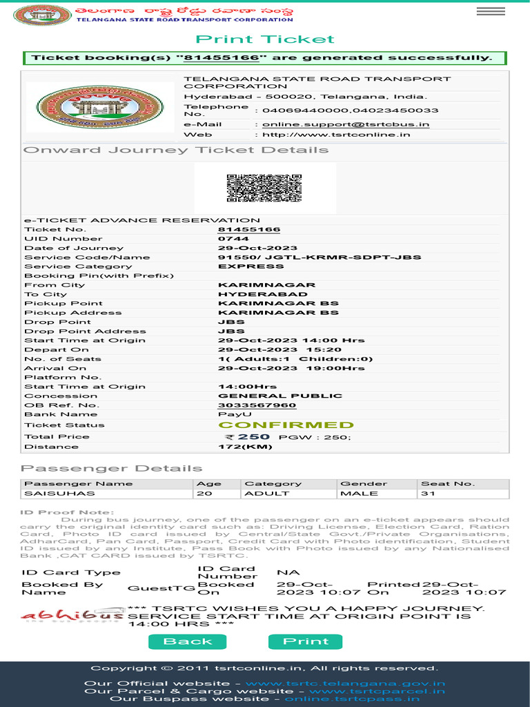 Online Bus Ticket Booking TSRTC Official Websit | PDF | Identity Document | Transport