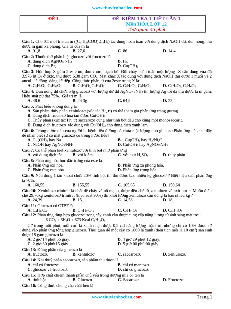 6 de KT 1 Tiet Lan 1 Hoa 12 Co Dap An | PDF