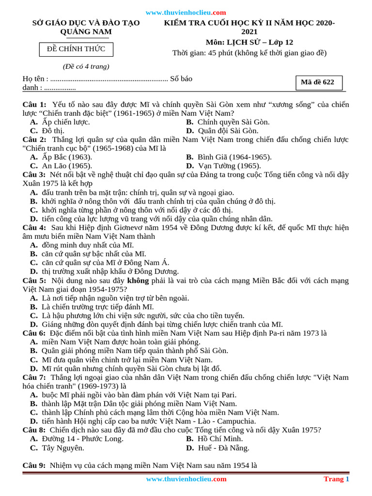 De Thi HK2 Lich Su 12 Quang Nam 2020 2021 | PDF
