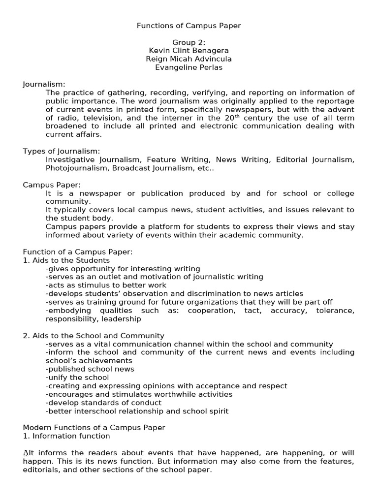 Functions of Campus Journalism | PDF | Journalism | News