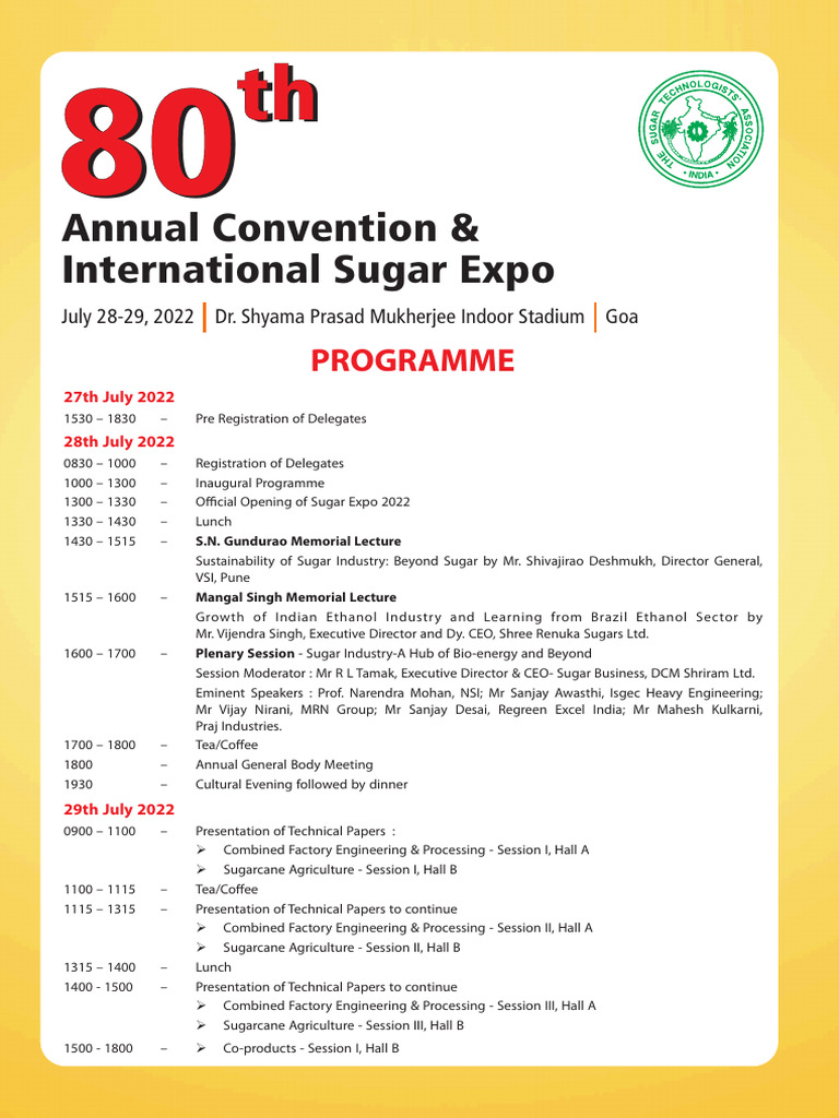 80th Annual Convention Final Programme Structure | PDF | Sugarcane | Sugar
