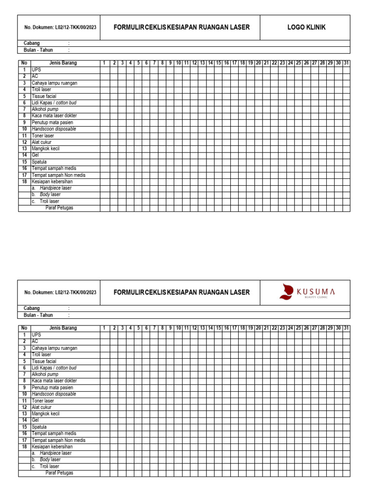 Form Checklist Ruang Laser | PDF