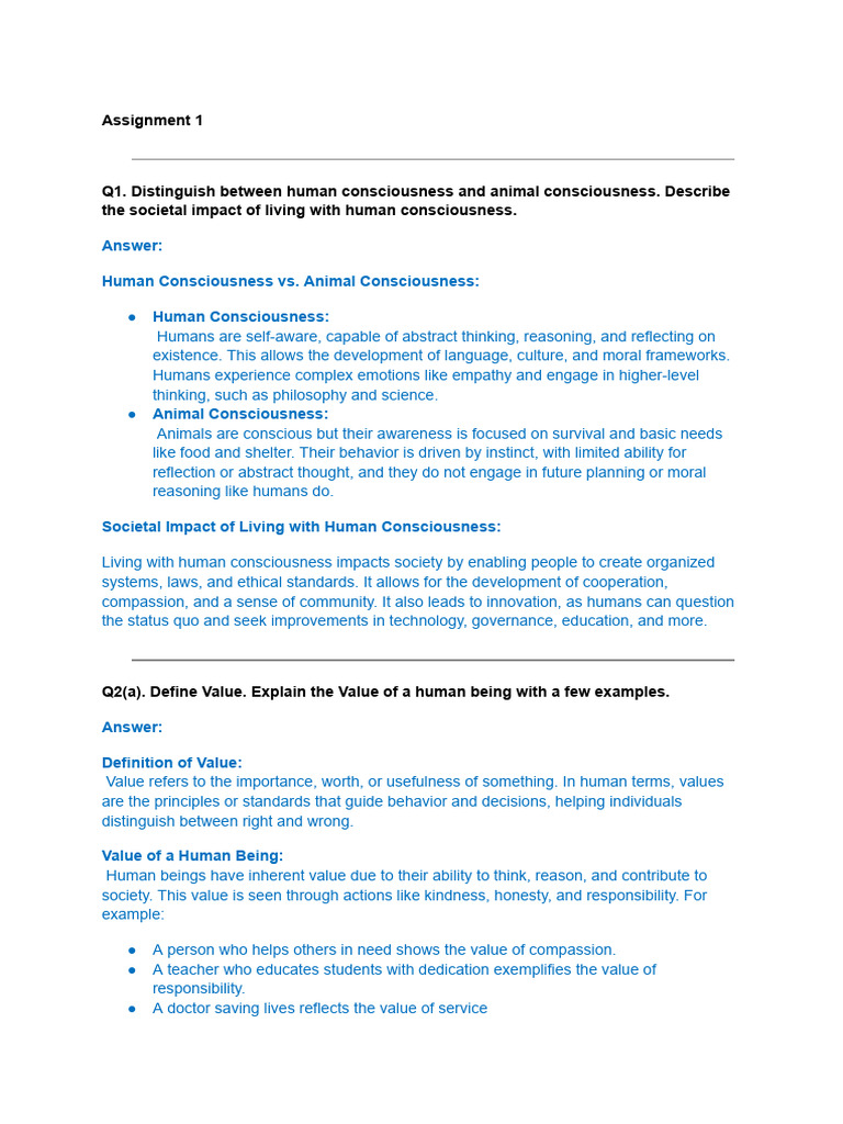HV Assignment | PDF | Consciousness | Morality