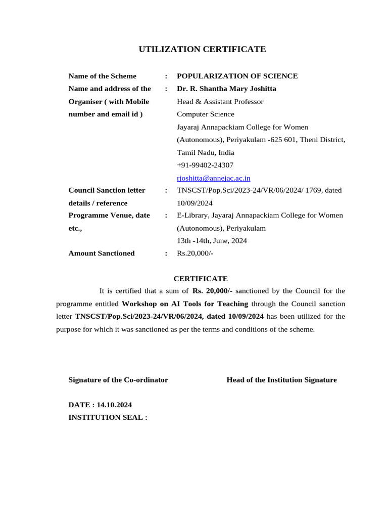 Utilization Certificate: Rjoshitta@annejac - Ac.in | PDF