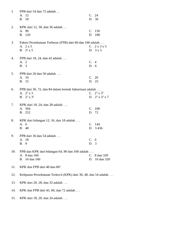 Soal FPB dan KPK untuk Kelas 4-7 | PDF | Metode & Bahan Ajar