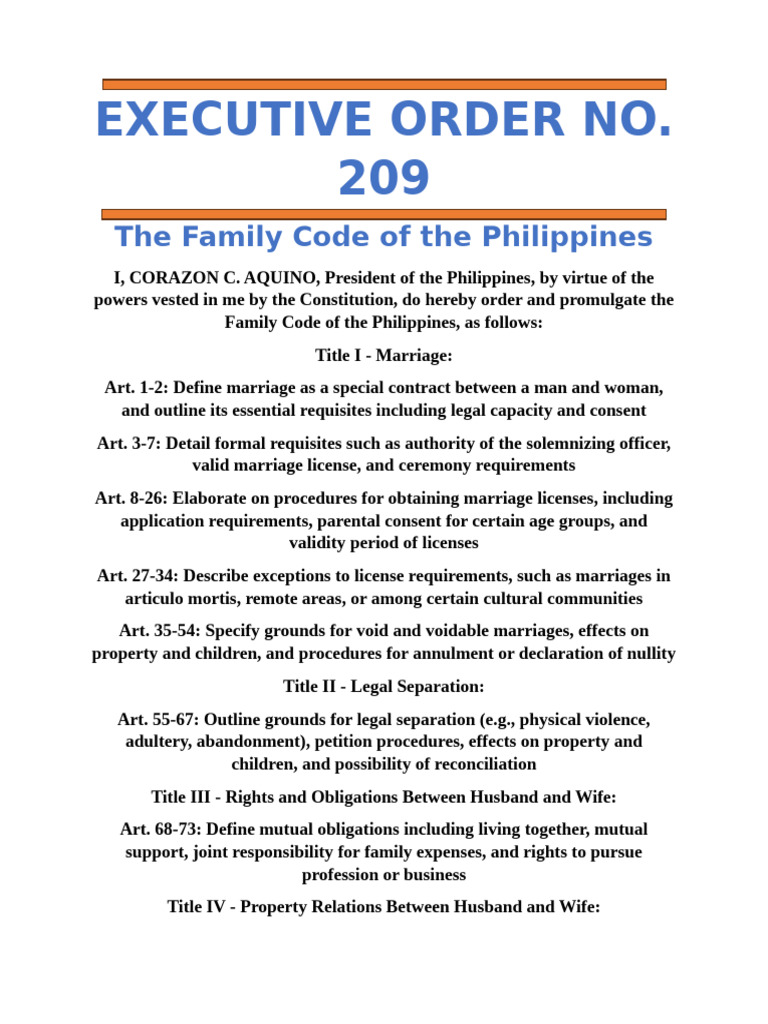 EXECUTIVE ORDER NO 208 Article Summarized | PDF | Annulment | Marriage