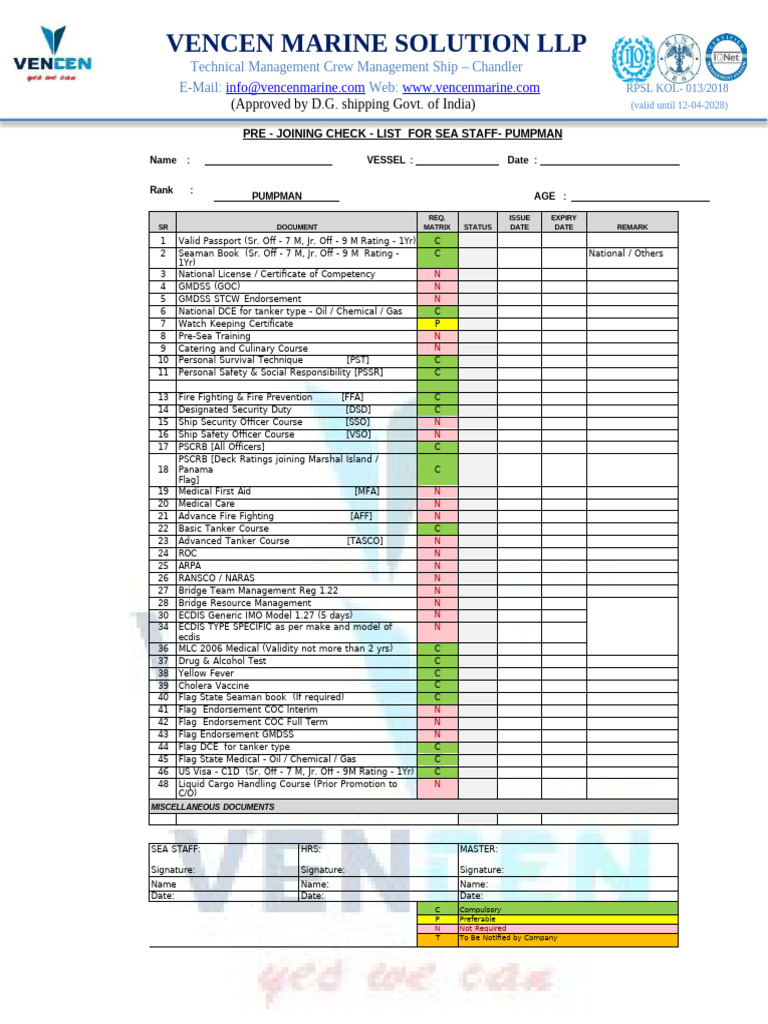 CL-002D Pre-Joining Checklist - For Sea Staff-Pumpman | PDF | Water Transport | Shipping