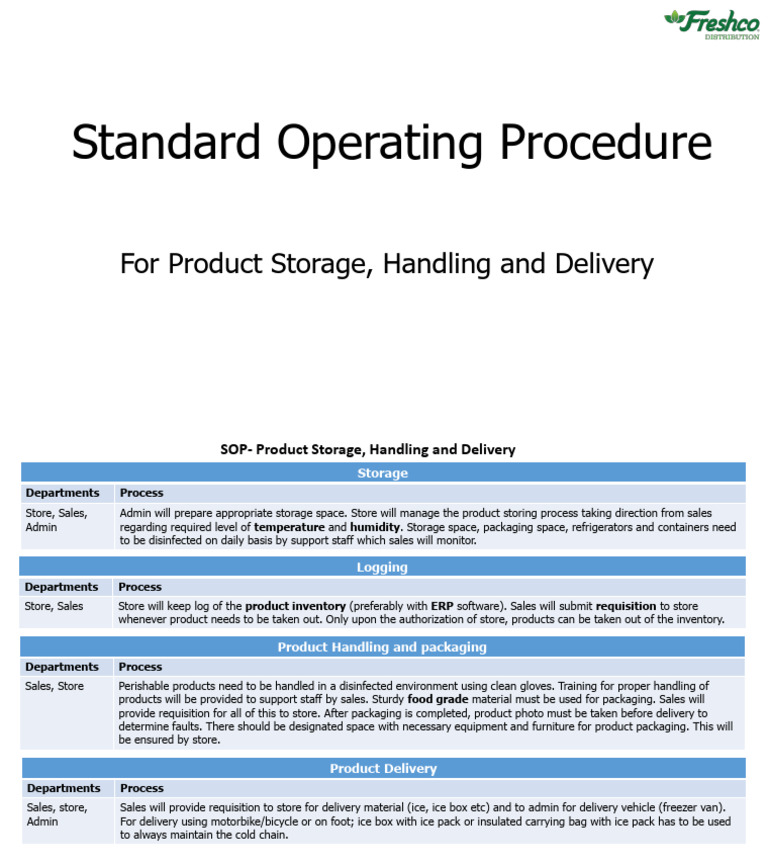 SOP For Product Storage, Handling and Delivery | PDF