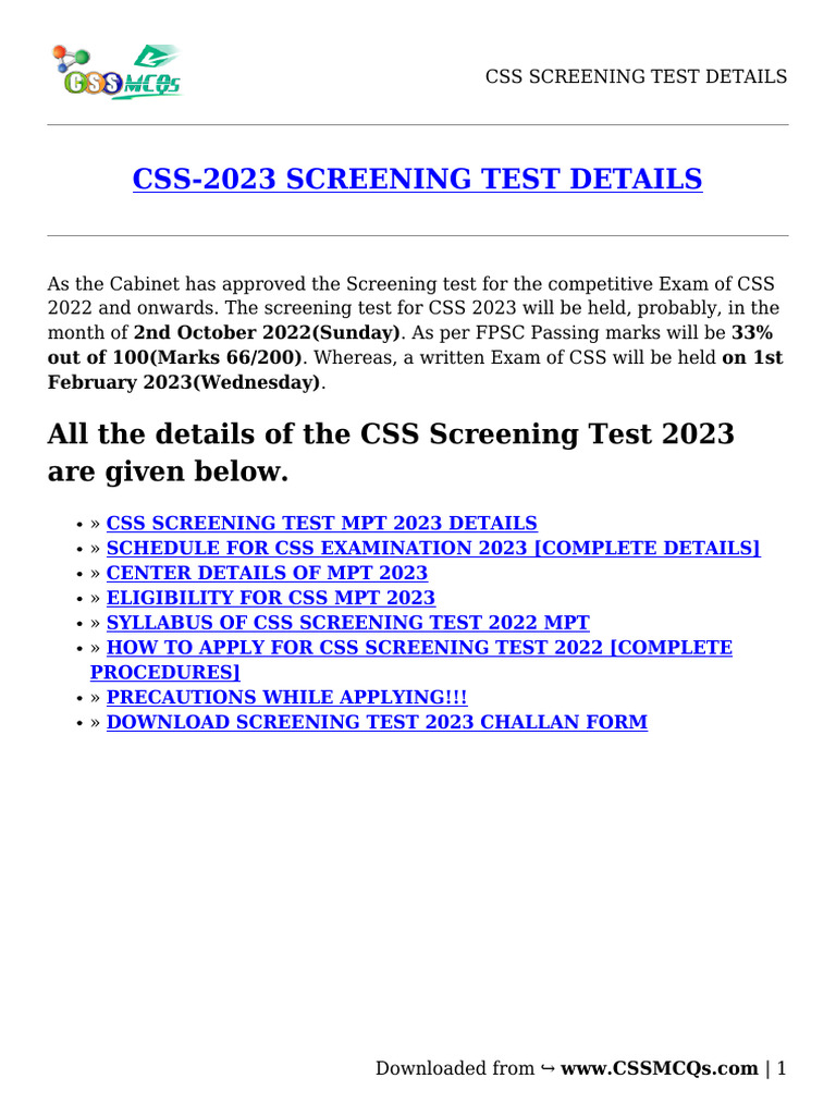 CSS 2023 Screening Test Overview | PDF | Multiple Choice