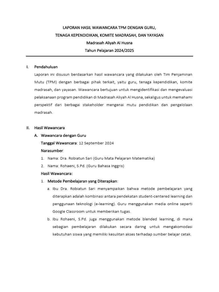 Laporan Hasil Wawancara TPM Dengan Guru | PDF | Ilmu Sosial