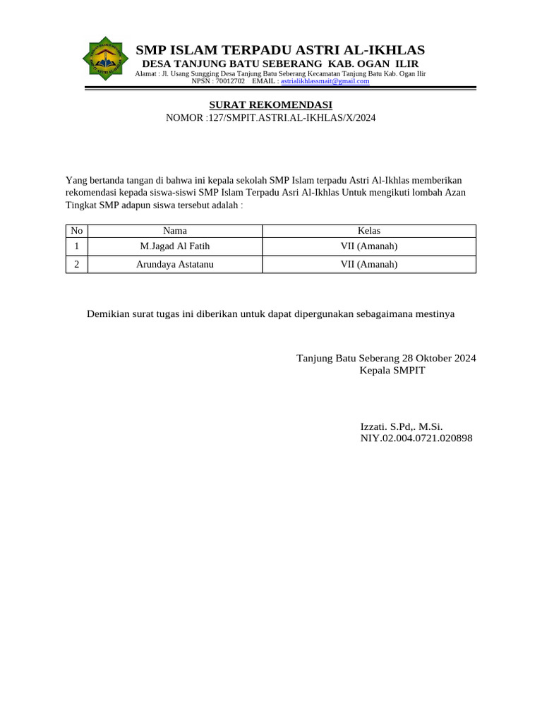 surat rekomendasi lomba | PDF