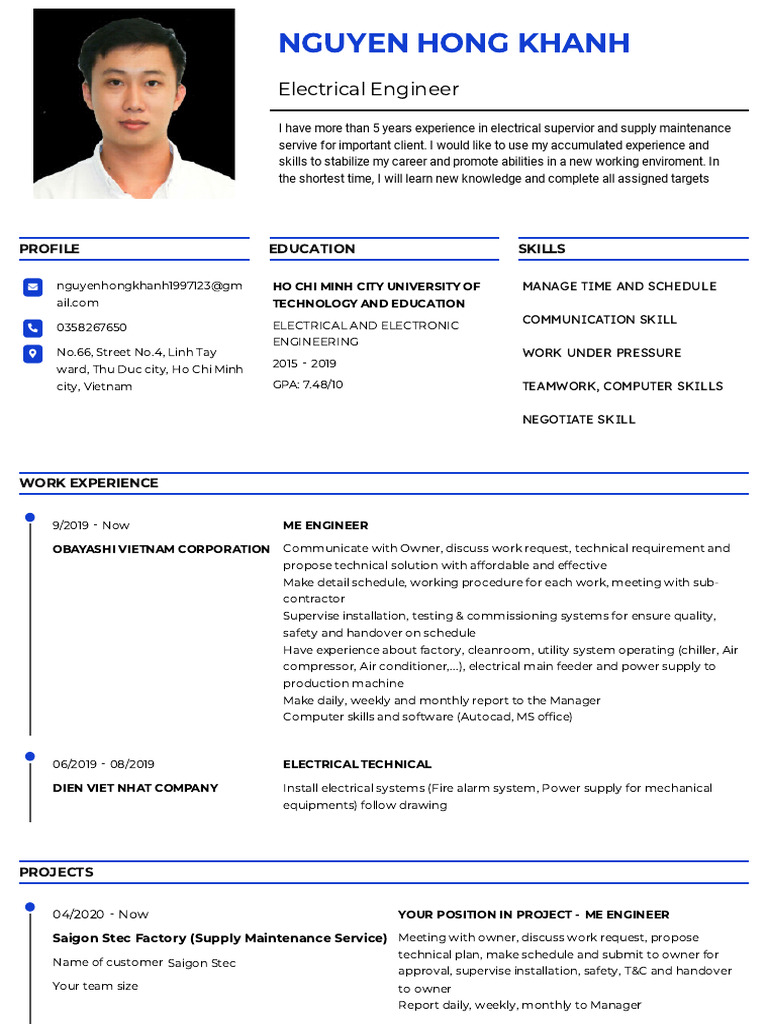 Nguyen Hong Khanh: Electrical Engineer Profile | PDF | Ho Chi Minh City ...