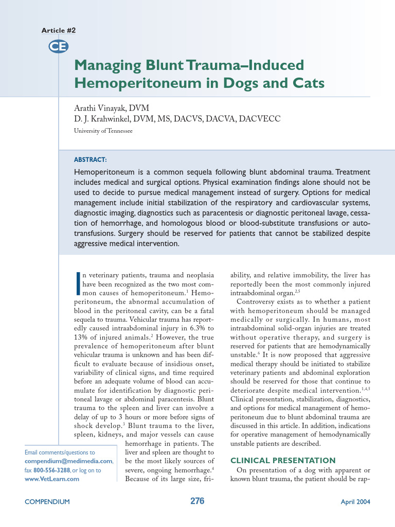 Managing Blunttraumae28093induced Hemoperitoneum in Dogs and Cats | PDF ...