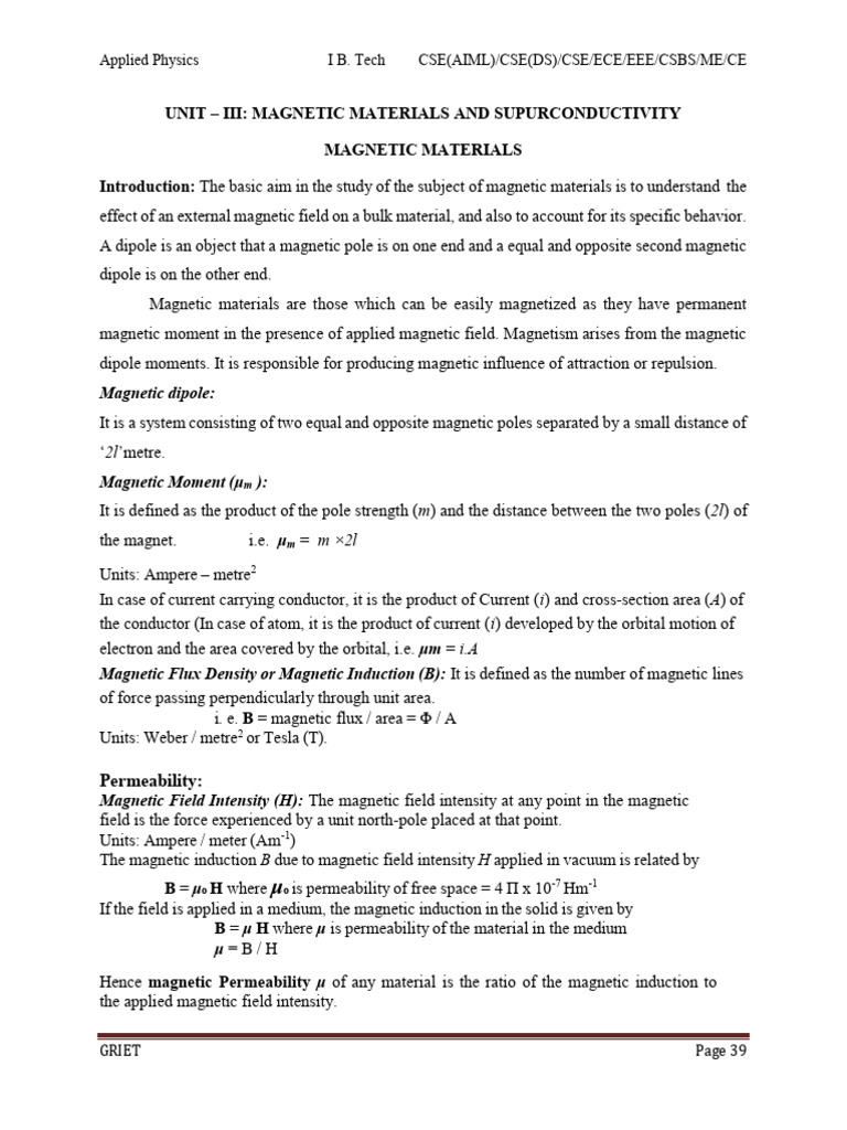 Applied Physics Notes-Unit3 | PDF | Superconductivity | Magnetism