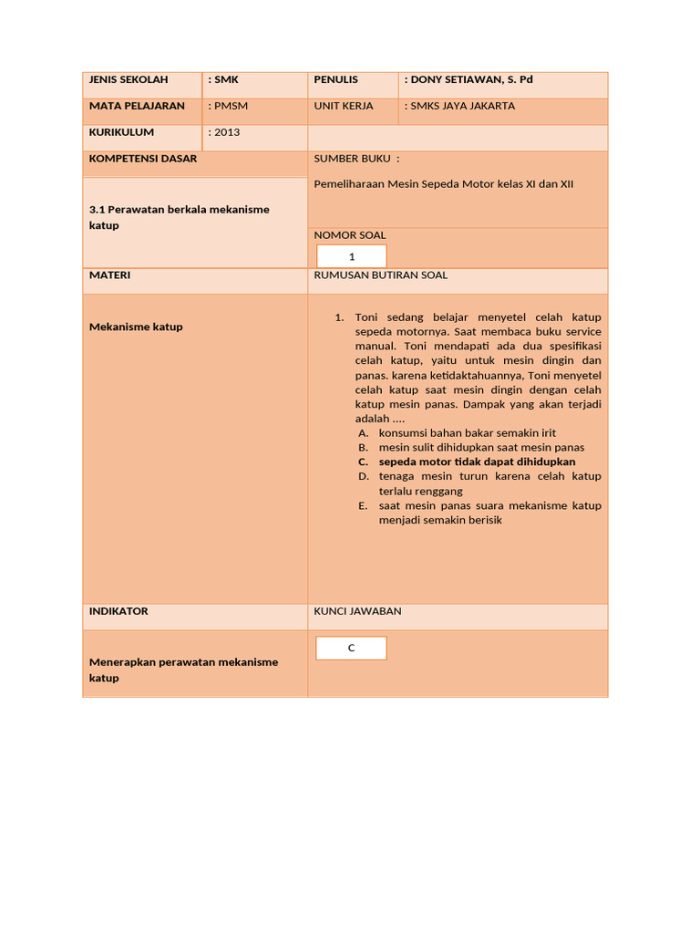 Kartu Soal USBN PMSM | PDF
