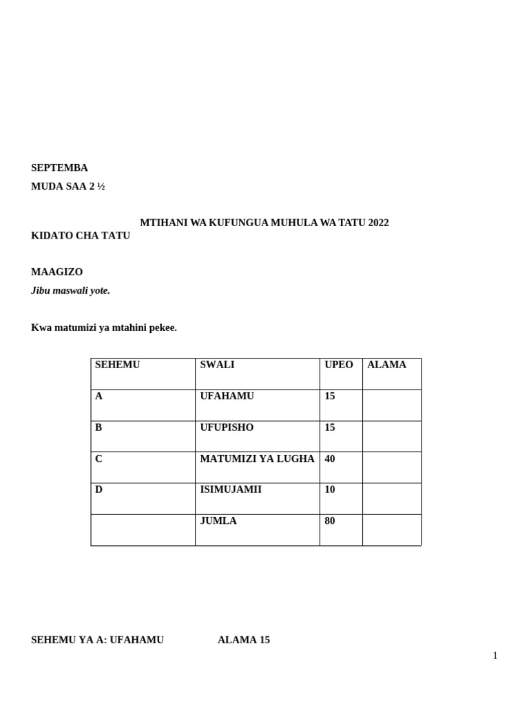 Kiswahili F3 PP2 2022 QS | PDF