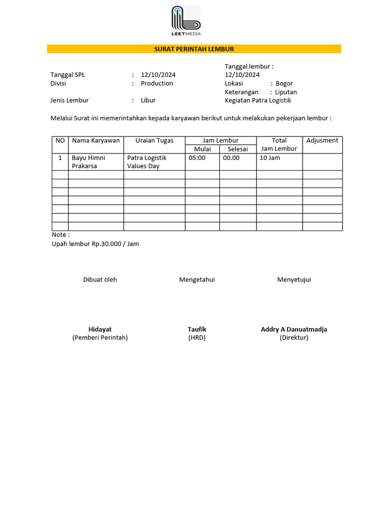 Surat Perintah Lembur | PDF