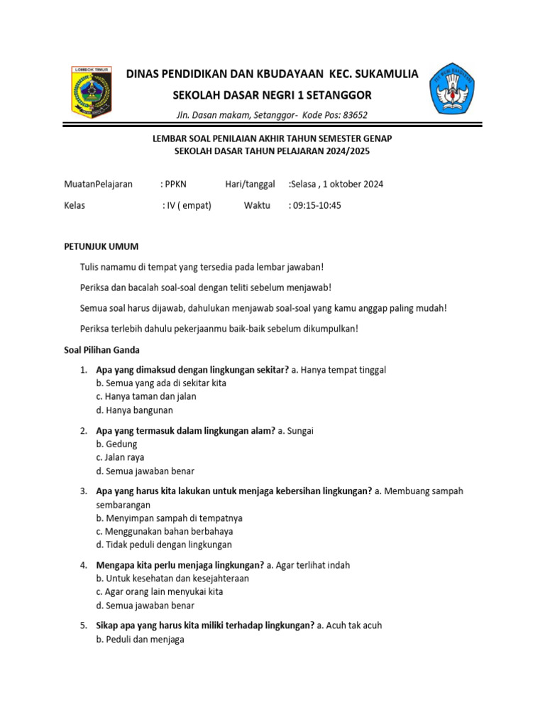 soal kelas 4 mid PPKN 2024 | PDF