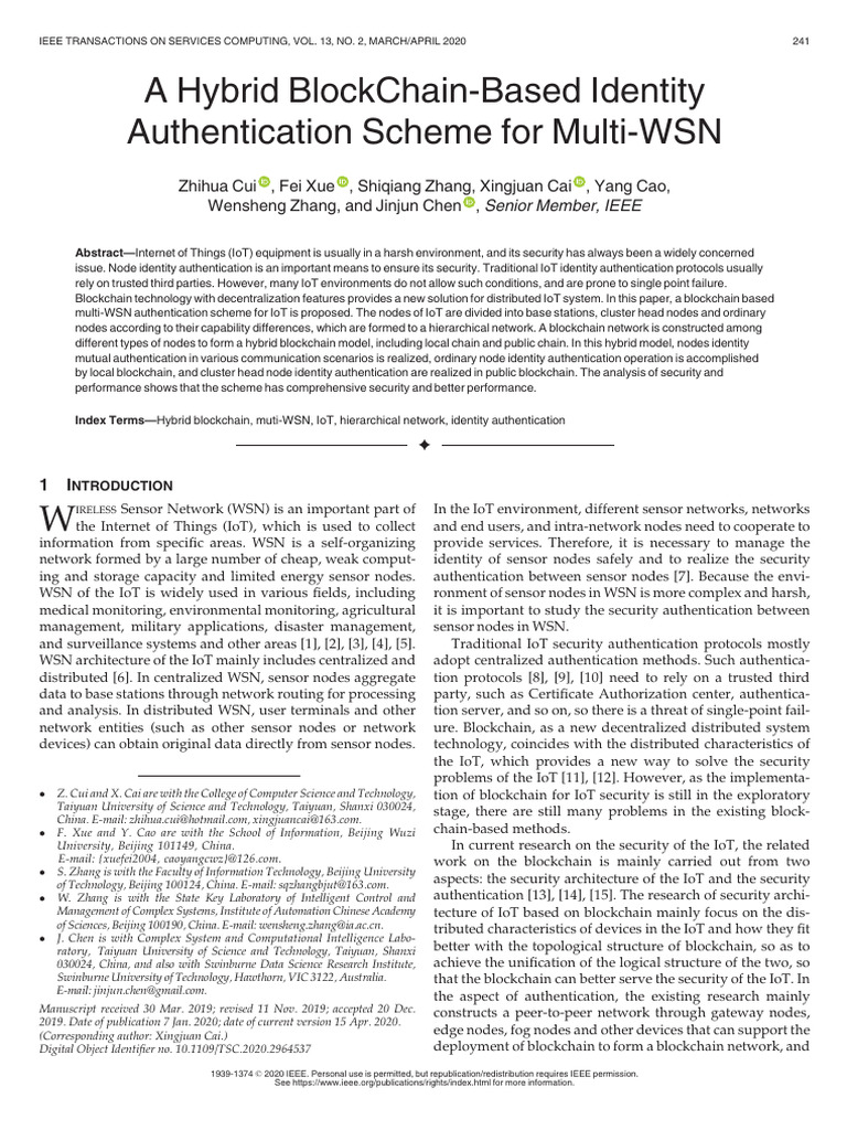 22 A Hybrid BlockChain-Based Identity Authentication Scheme For Multi-WSN | PDF | Computer ...