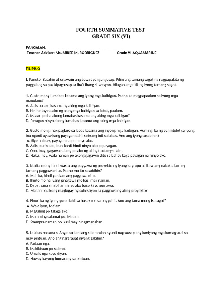 Fourth Summative Test - Grade Vi | PDF