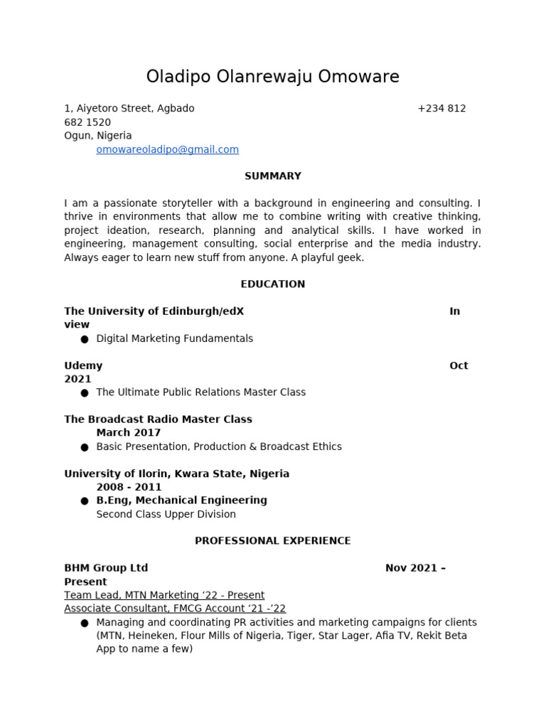 Oladipo Olanrewaju Omoware Academic CV | PDF | Editing | Public Relations