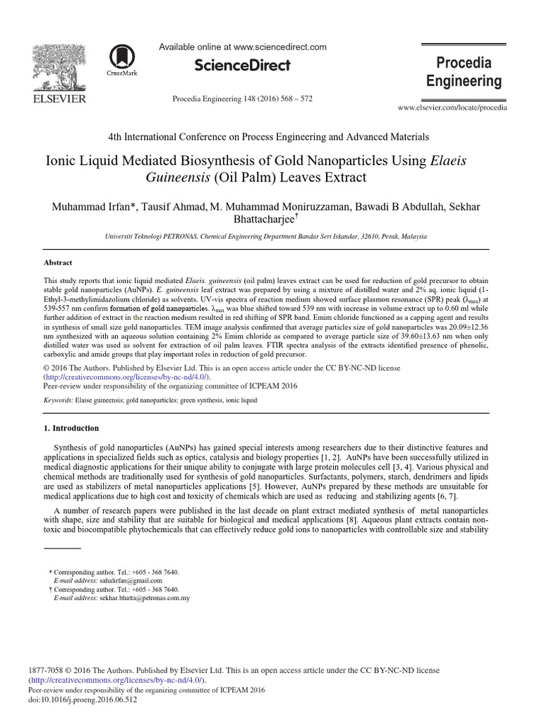 Ionic Liquid Mediated Biosynthesis of Gold Nanoparticles Using Elaeis Guineensis Oil Palm Leaves ...