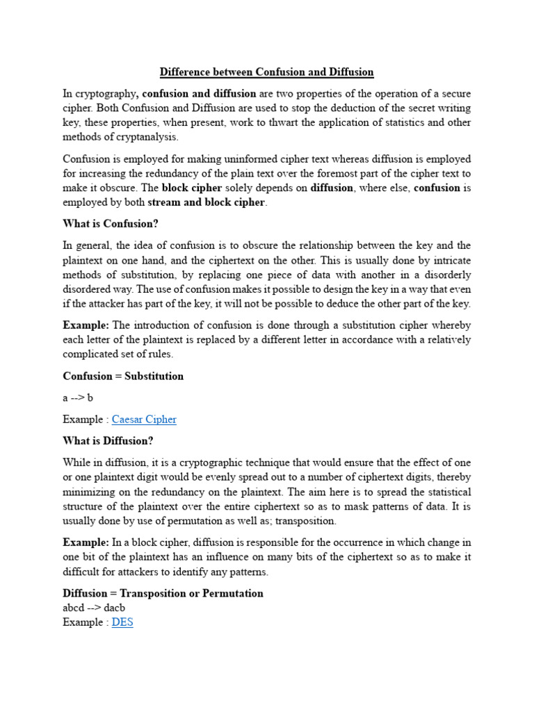 Difference Between Confusion and Diffusion | PDF | Cipher | Cryptography