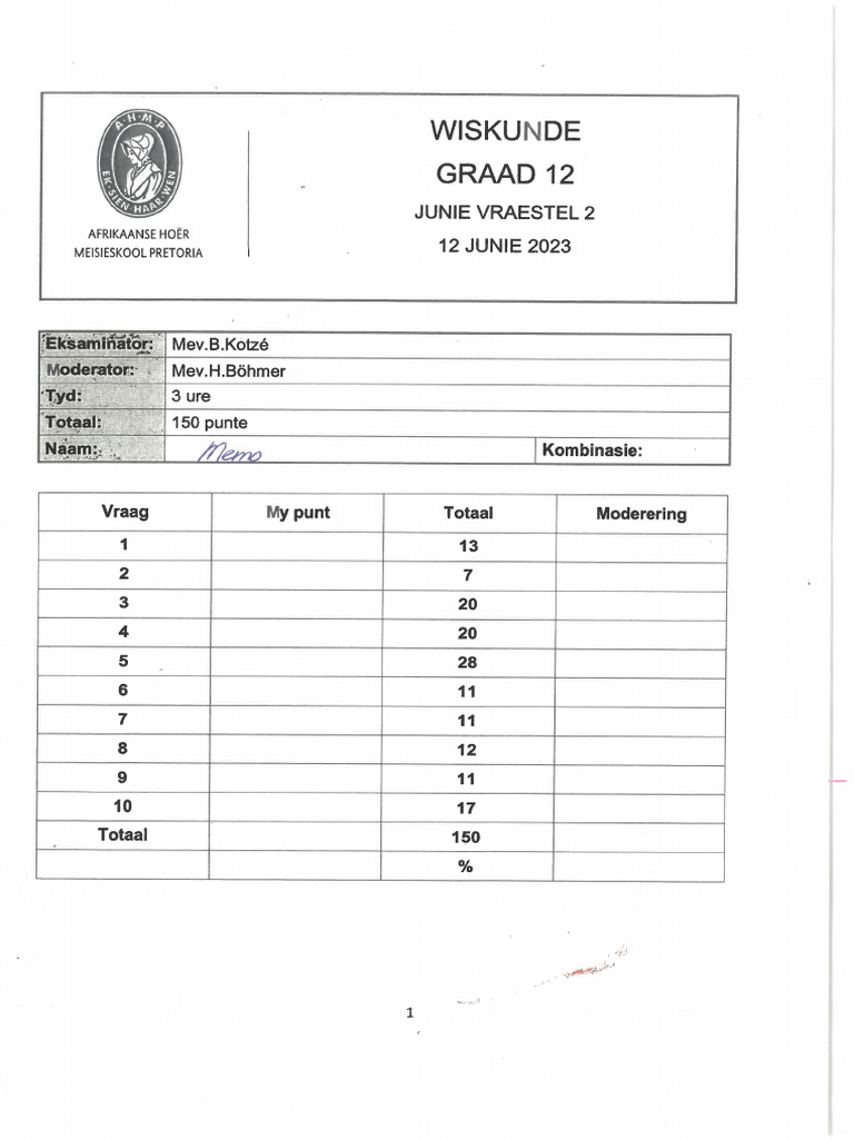 GR 12 2023 Junie Vraestel 2 Memo | PDF