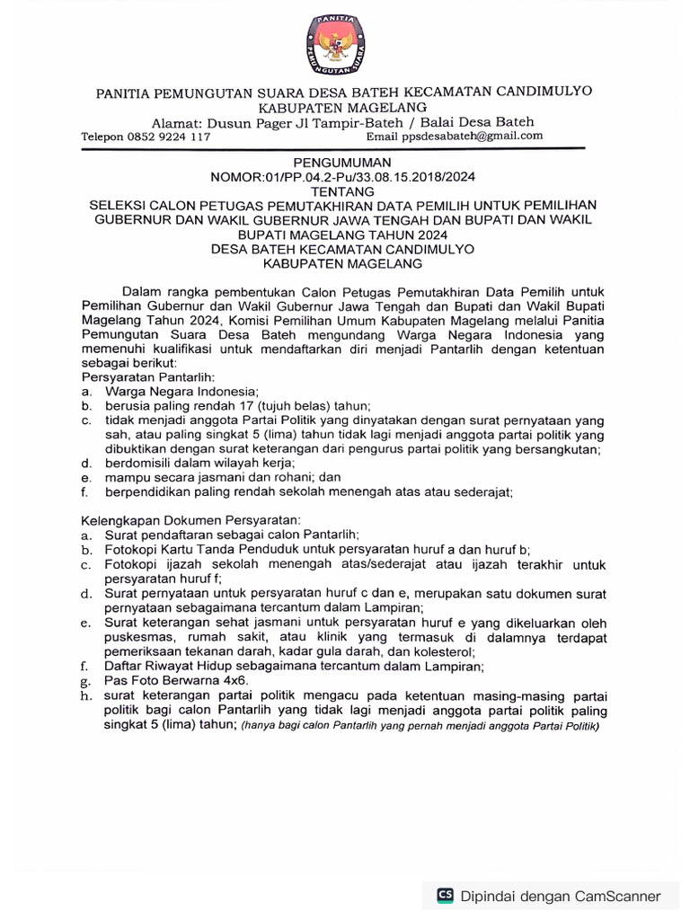 Pengumuman Pendaftaran Pantarlih Pilkada 2024 | PDF
