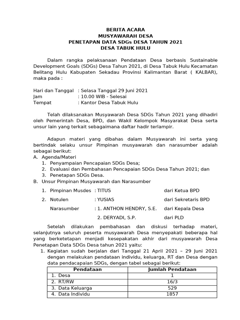 Contoh BA. Musdes Penetapan Data SDGs Desa 2021 | PDF