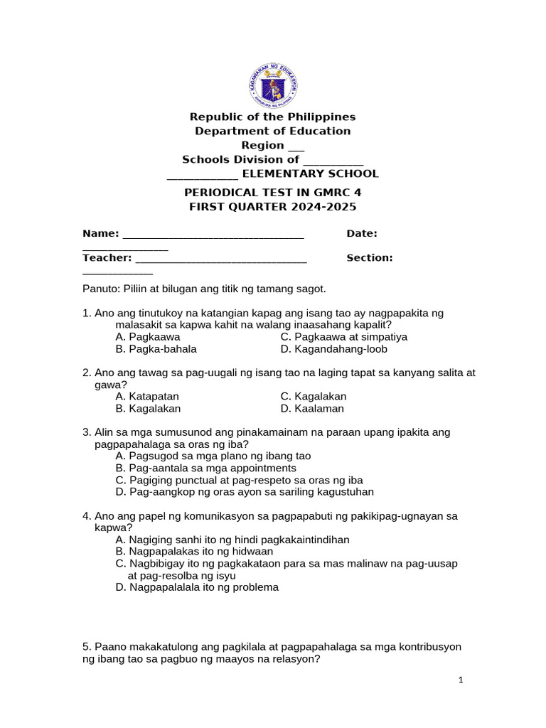 Q1 PT - GMRC 4 Matatag | PDF