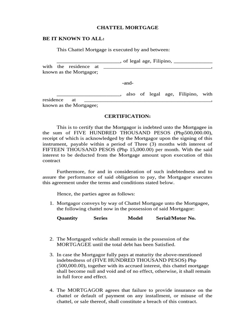 Chattel Mortgage | PDF | Mortgage Law | Property Law