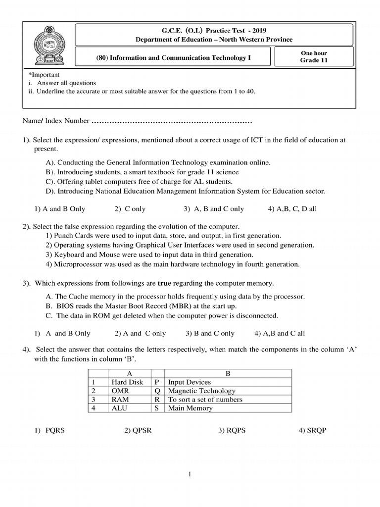 ICT Grade 11 - Practice Paper - NWP - 2019 | PDF