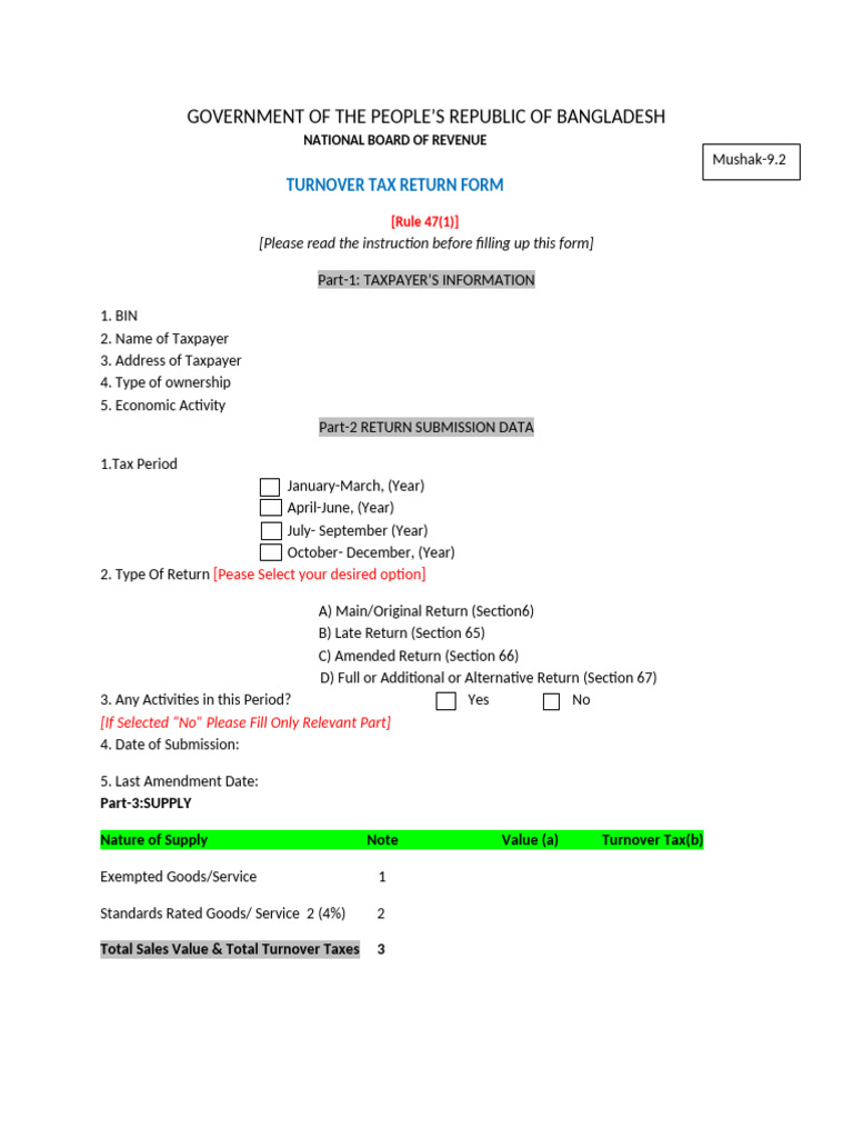 Government of The People'S Republic of Bangladesh: Turnover Tax Return ...