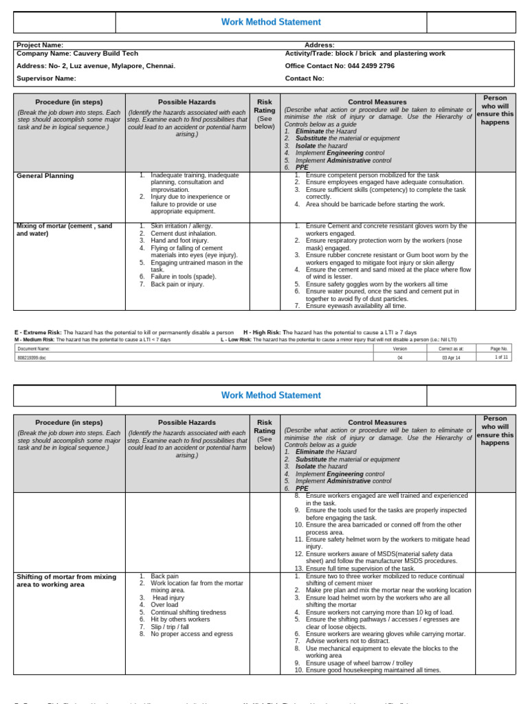 SWMS Brick Work and Plastering | PDF | Safety | Occupational Safety And ...
