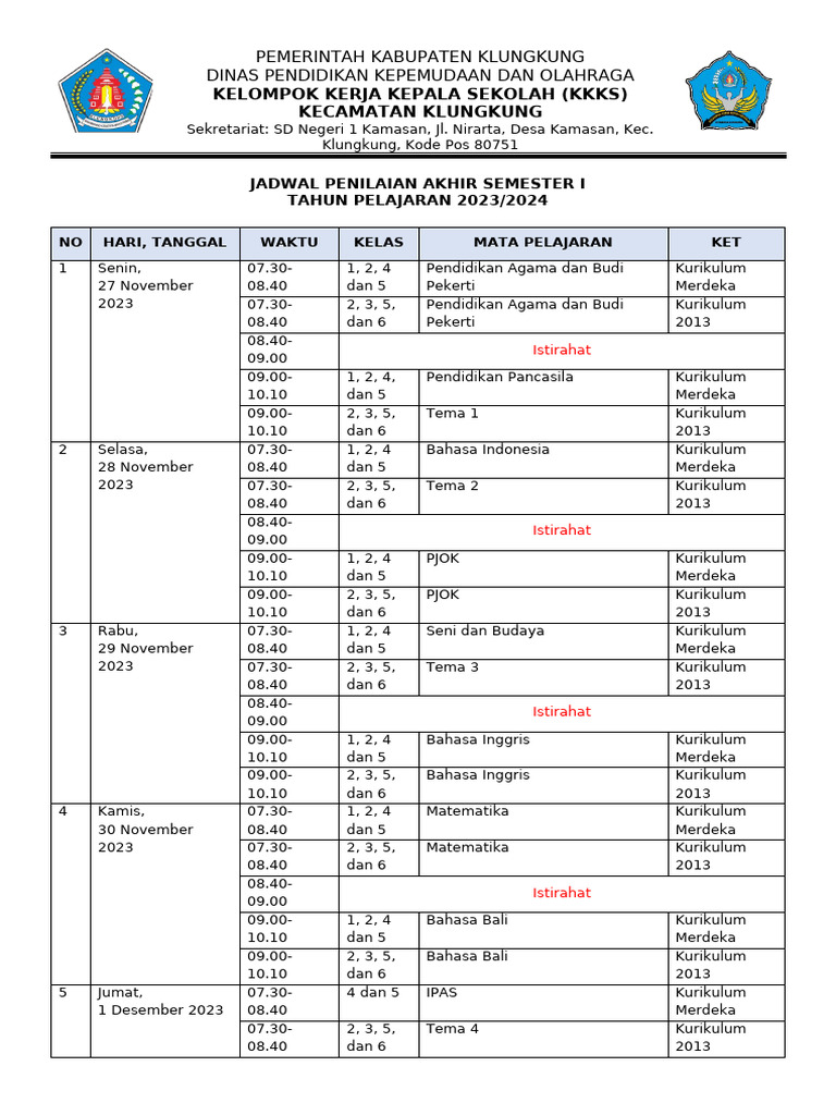 Jadwal Pas Semester 1 Tahun 2023-2024 | PDF