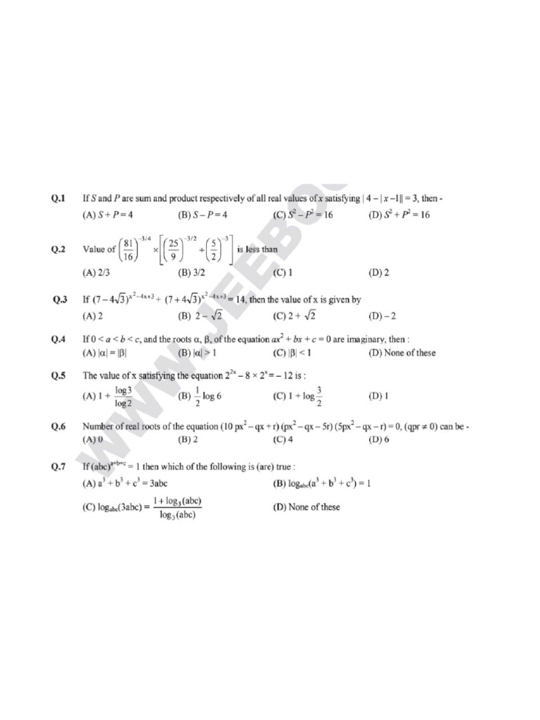 Elemtentry Mathematics, Logarithm, Quadratic Equation Solvee KRR MC | PDF